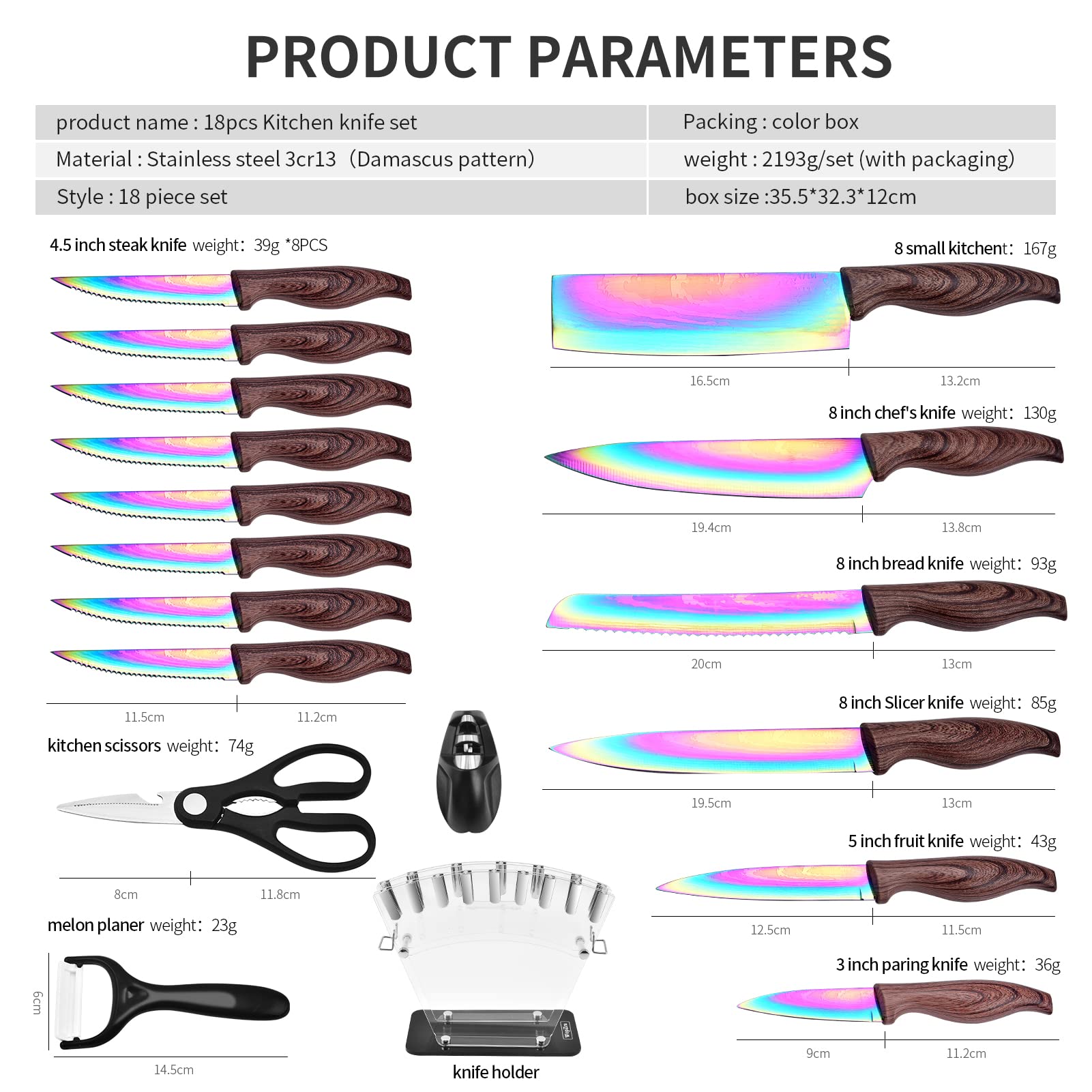 Damascus Steel Knife Set 6Pcs Non Stick Sharp Kitchen Knives Set with Block Sharpener Kitchen Shears Cutlery Knives Block Set Chef Quality Best Gift (6Pcs Set)