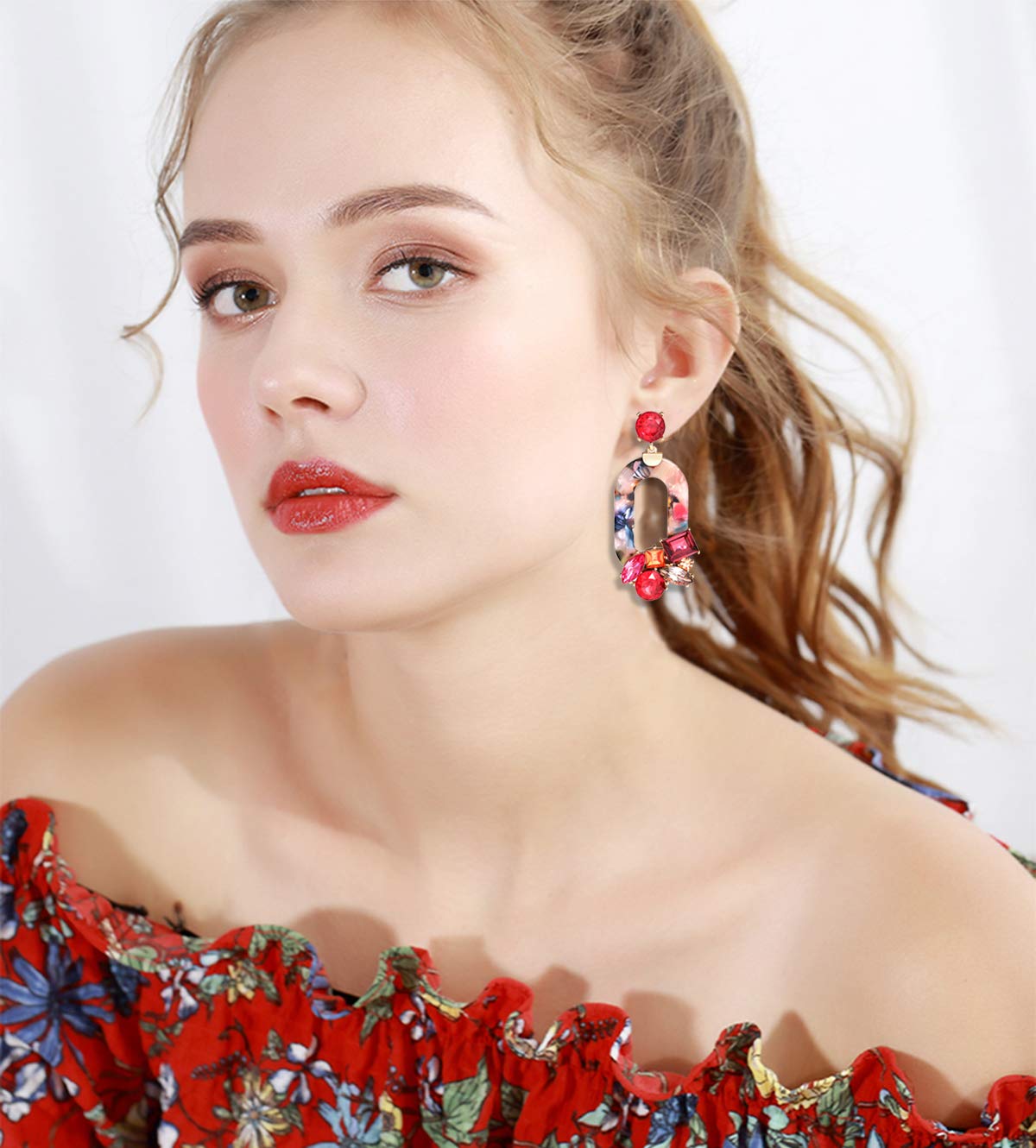 BSJELL Resin Acetate Dangle Earrings Large Statement Acrylic Textured Mottled Earrings Bohemian Crystal Multicolor Oval Drop Earrings Fashion Jewelry for women