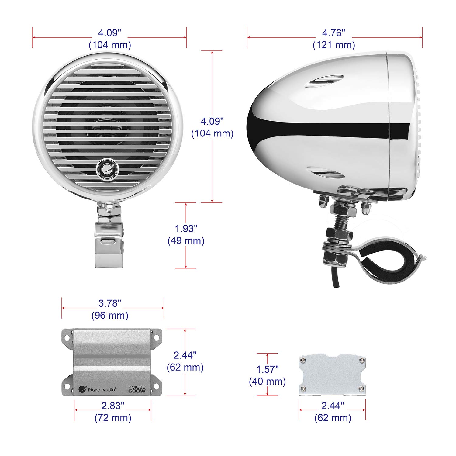 Planet Audio PMC2C Motorcycle Speaker System - Bluetooth, Weatherproof Speakers Amplifier, 2 3 Inch Speakers, 1 2 Channel Amplifier, 1 Volume Control, Use With ATV Motorcycle 12 Volt Vehicles
