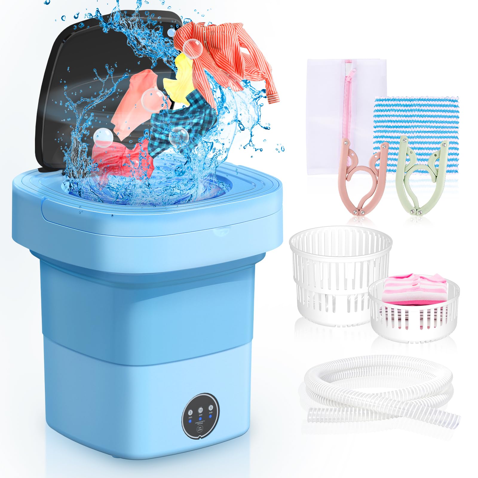 DAMASK HUT Portable Washing Machine with 3 Intelligent Cleaning Modes,11L Mini Washer with Foldable Design,Mini Folding Washing for Travel,Camping,Apartment,Dorm,Baby Clothes,Socks,Underwear, Blue
