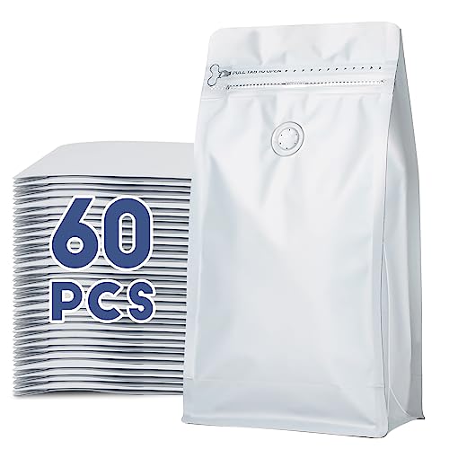ODDIER 16oz 1 lb 60pcs Coffee Bags with Valve,Vented Coffee Bags Barrier Bags Store Bags Coffee Packaging Coffee Storage Pouches（White）