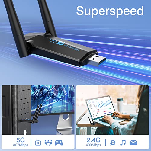 USB WiFi Adapter, ElecMoga 1300Mbps WiFi Dongle USB 3.0 Dual Band 5G/2.4G Wireless Network Adapter for Desktop Laptop PC, Dual 5dBi Antennas, Supports Windows 11/10/8.1/8/7, Mac OS 10.9-10.15