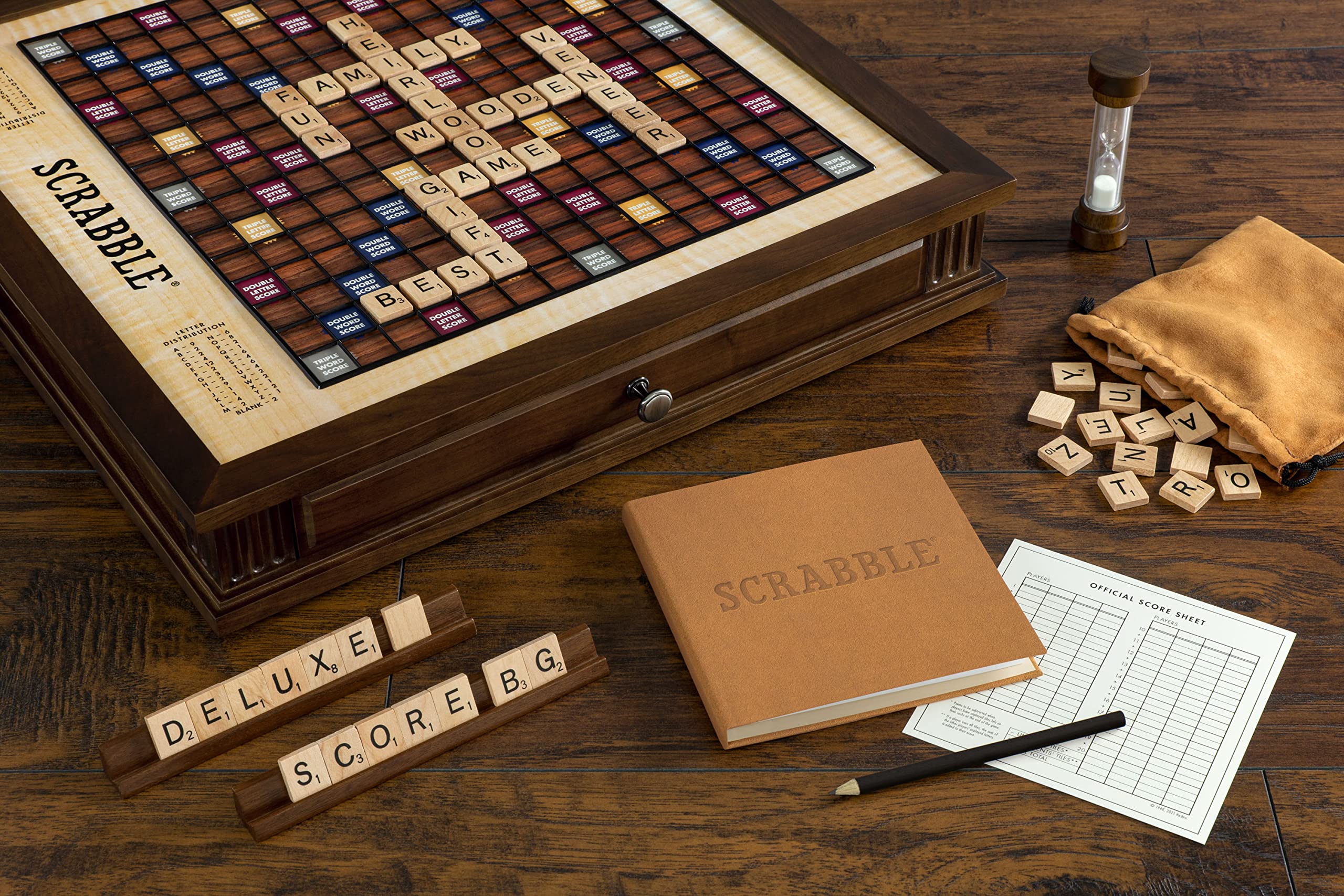 WS Game Company Scrabble Heirloom Edition with Rotating Solid Walnut Cabinet