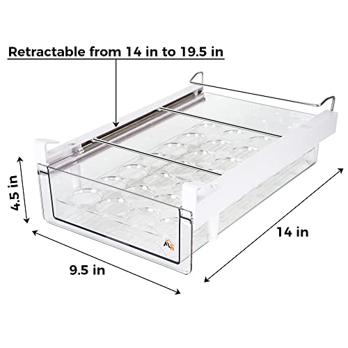 Modest Homeware Adjustable Fridge Organizer Food Storage Drawer - Strong Clear PET Plastic - Removable 28 Egg Holder Tray - Saves Space In Fridge - Fits Most Fridges - Easy Installation Transparent