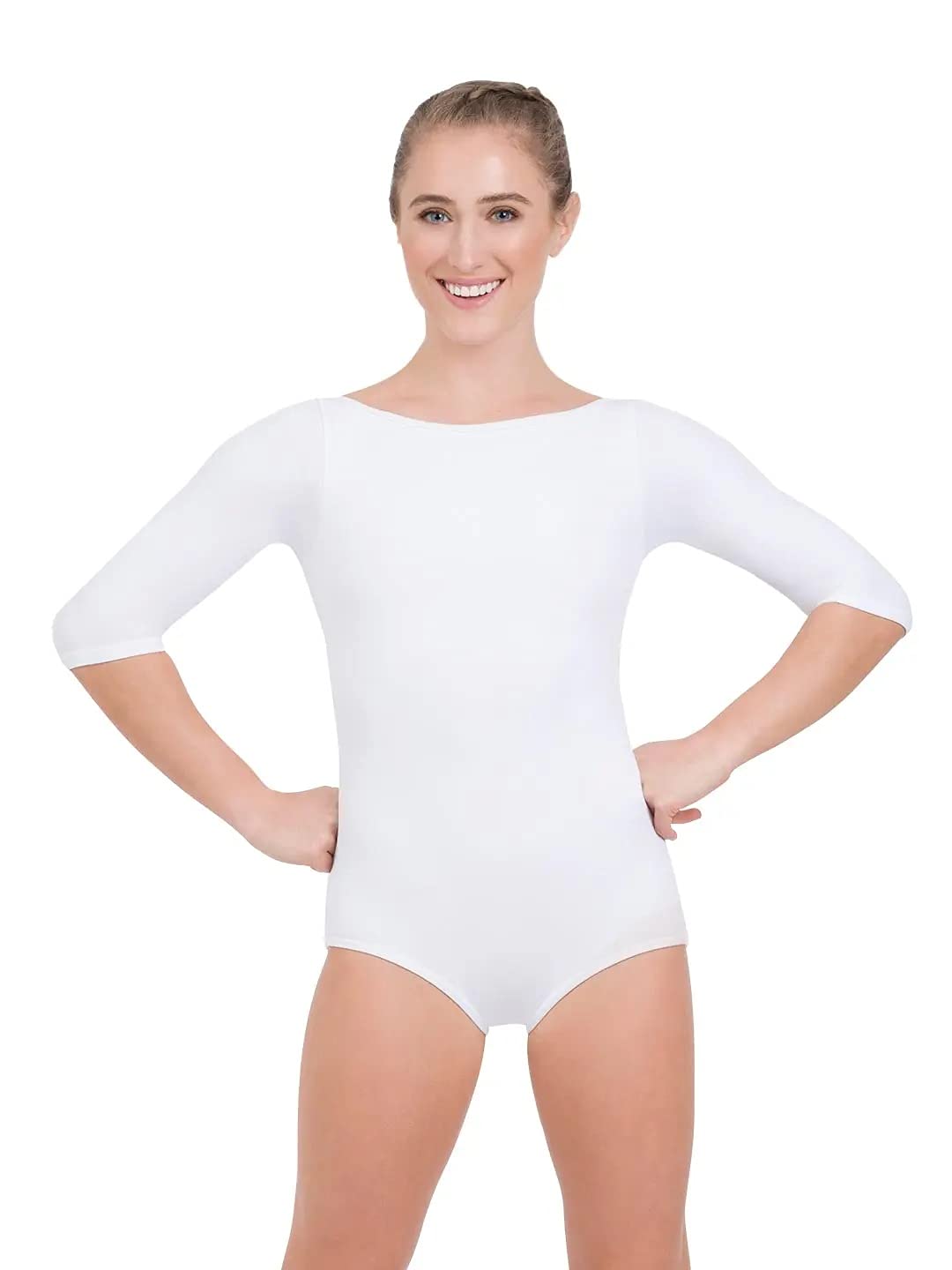 Capezio Boatneck 3/4 Sleeve Leotard, White, Medium