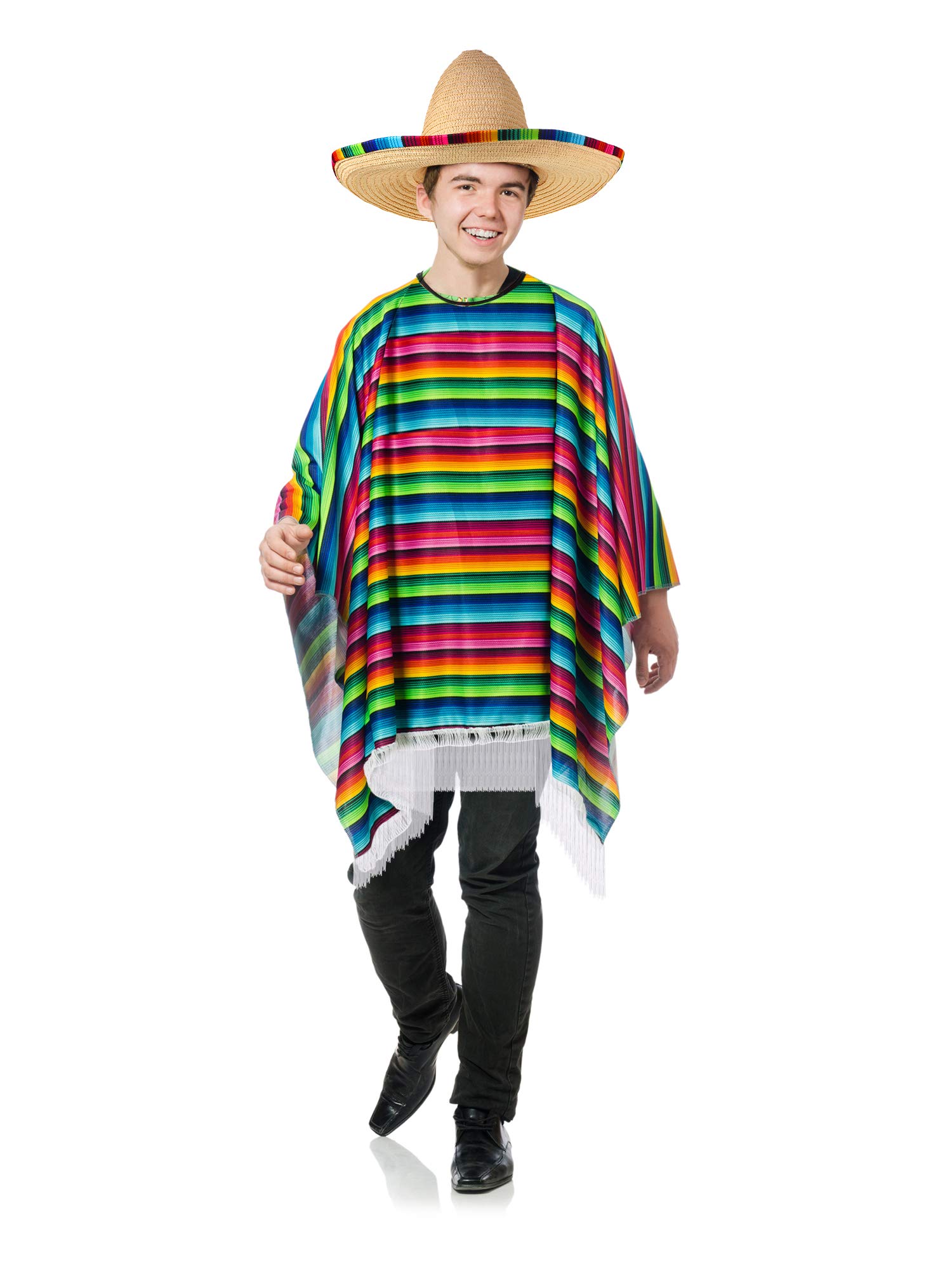 SATINIOR Mexican Serape Poncho Costume Mexican Sombrero with Rainbow Serape Edge and Band (Adult)