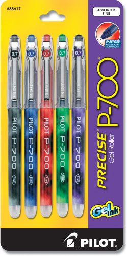 PILOT Precise P-700 Gel Ink Rolling Ball Stick Pens, Marbled Barrel, Fine Point, Black/Blue/Red/Green/Purple Inks, 5-Pack (38617)