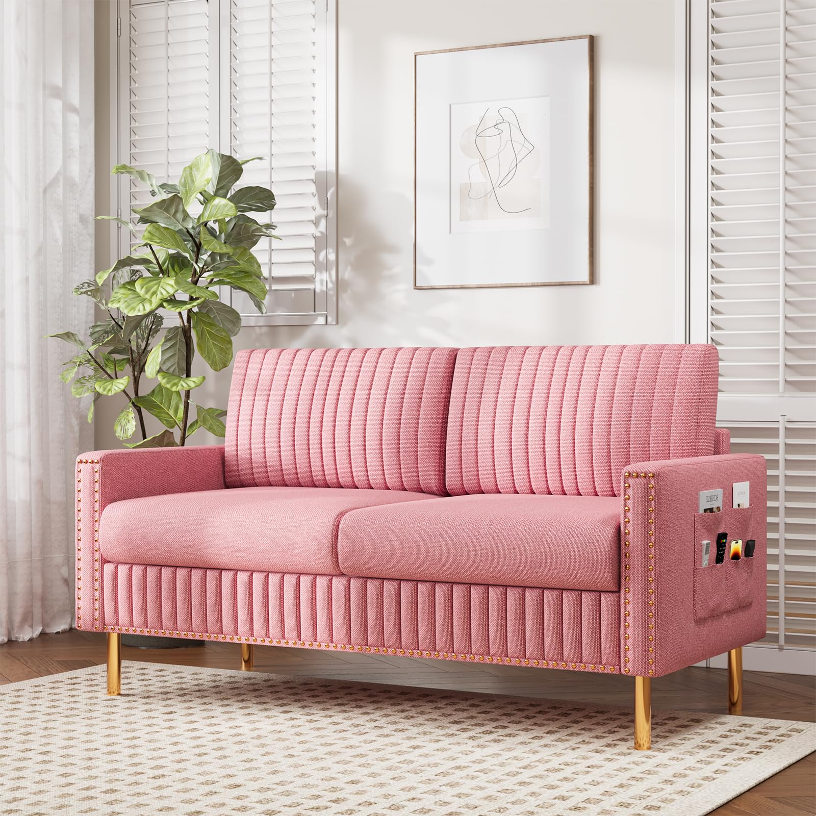 Fameill 65" Loveseat Sofa, Comfy Couch with Rivet Hemming, Mid Century Modern Couch with Deep Seat Soft Cushion, USB & Type-C Charging Port, Upholstered Small Couch for Bedroom, Living Room, Pink