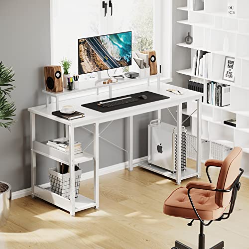 ODK 48 inch Computer Desk with Monitor Shelf and Storage Shelves, Gaming Desk, Study Table with CPU Stand & Reversible Shelves, White