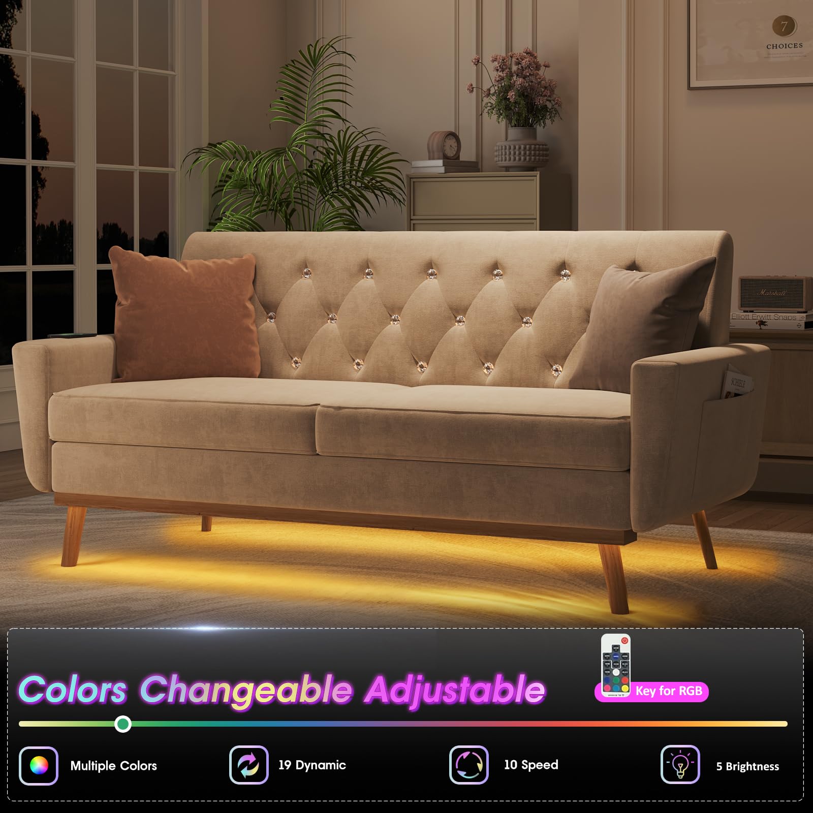 Fameill 65" Loveseat Sofa Couch, Mid Century Modern Love Seat Small Couch with Soft Cushion, LED Light, Crystal Button Tufted, Upholstered Comfy Small Couch for Living Room, Bedroom