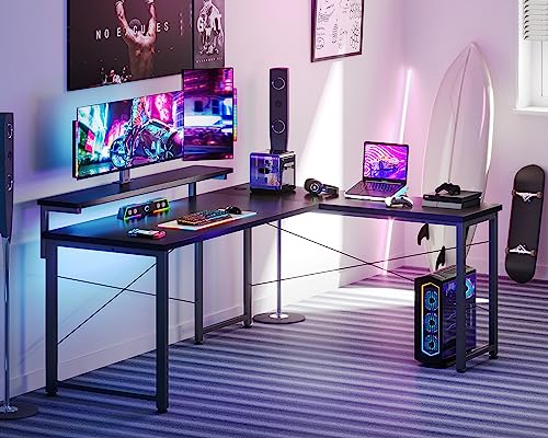 ODK L Shaped Desk with Monitor Stand, 53 inch Reversible Computer Desk, Corner Desk Home Office Desk, Writing Desk Gaming Desk, Black