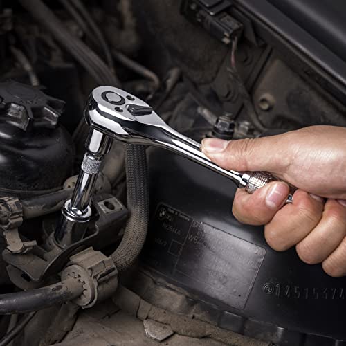 DURATECH 3/8-Inch Drive Ratchet, Quick-Release Ratchet Wrench, 72-Tooth, Reversible Switch, Full-Polished Chrome Plating, Alloy Steel