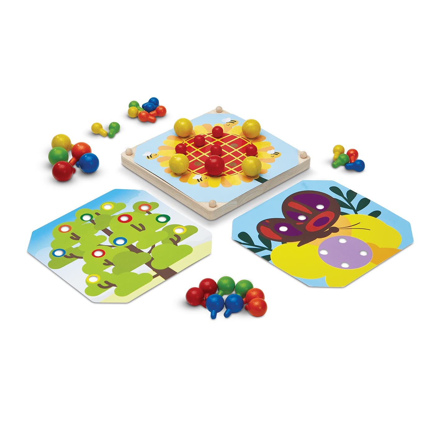 PlanToys Creative Wooden Peg Board With 3 Double Sided Cards (5399) | Sustainably Made from Rubberwood and Non-Toxic Paints and Dyes