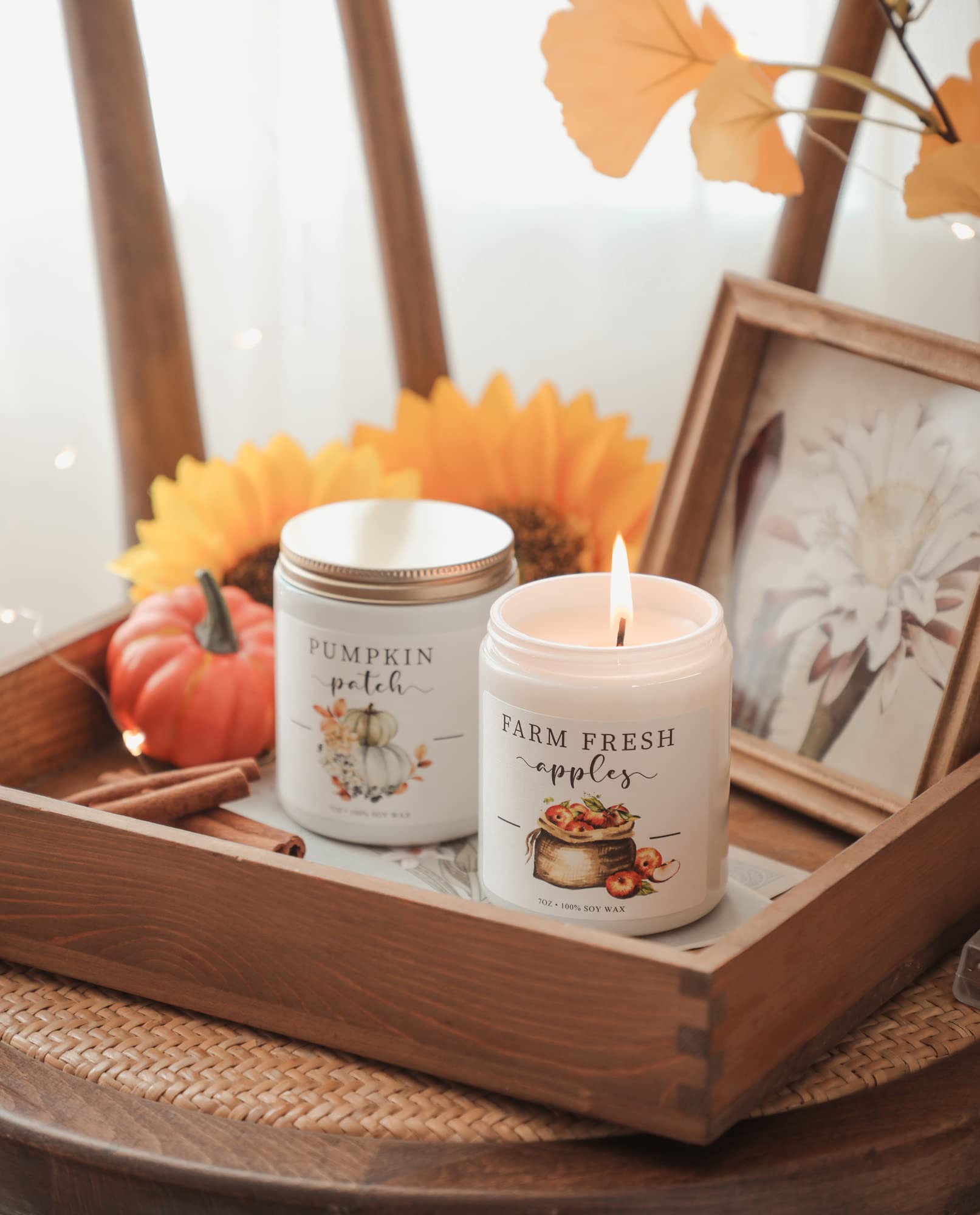Thanksgiving Fall Scented Candles Set, 2 Pcs 7oz Pumpkin Spice and Apple Cider Candle, Thanksgiving Fall Candle Gifts for Women, Thanksgiving Table Centerpiece, Fall Decorations for Home