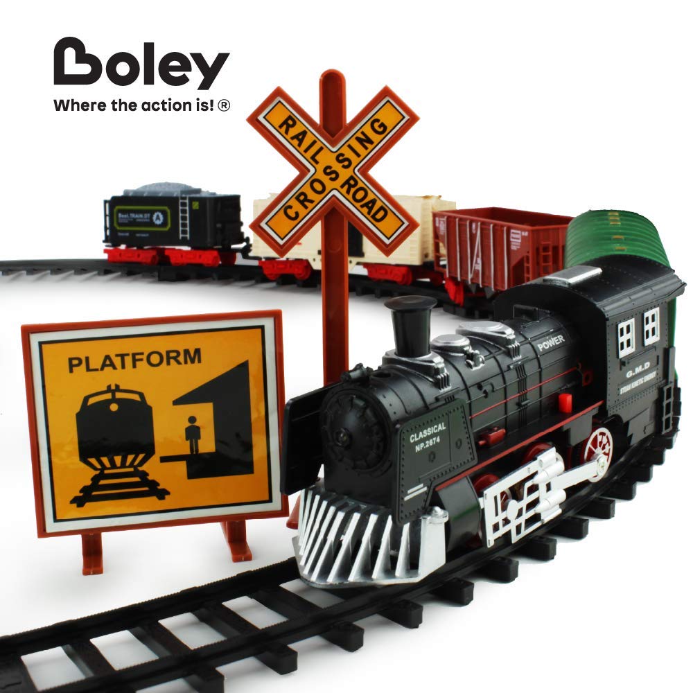 Boley Classic American Model Train Set - Play Toy Train Set with Tracks, Lights, Sounds, Road Signs, and Trees - 56 Pieces