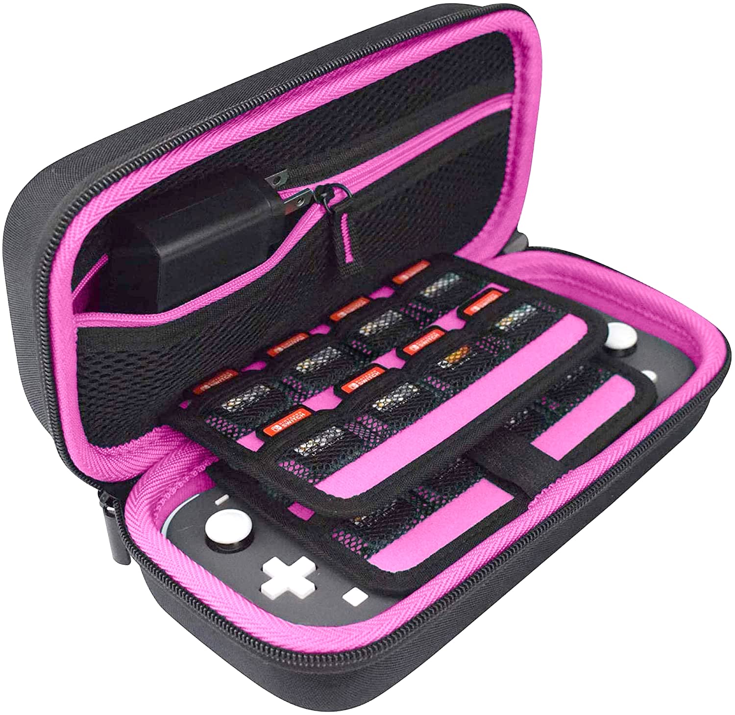 TakeCase Carrying Case Compatible with Nintendo Switch Lite - Includes Pouch That Fits Adapter/Charger, Accessories, and 16 Games Storage - Perfect for Travel - Pink/Black