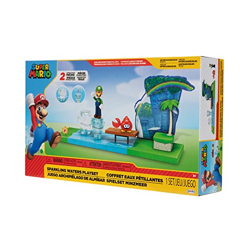 Super Mario Sparkling Waters Action Figures Playset Includes 2.5 Inch Luigi & Red Huckit Crab with Interactive Pieces
