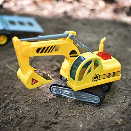 Maxx Action 17’’ Vehicle Transport with Excavator – Bright Lights and Construction Sounds | Friction Powered Trailer | 3 Piece Toy Playset for Kids | Yellow Construction Truck for Kids