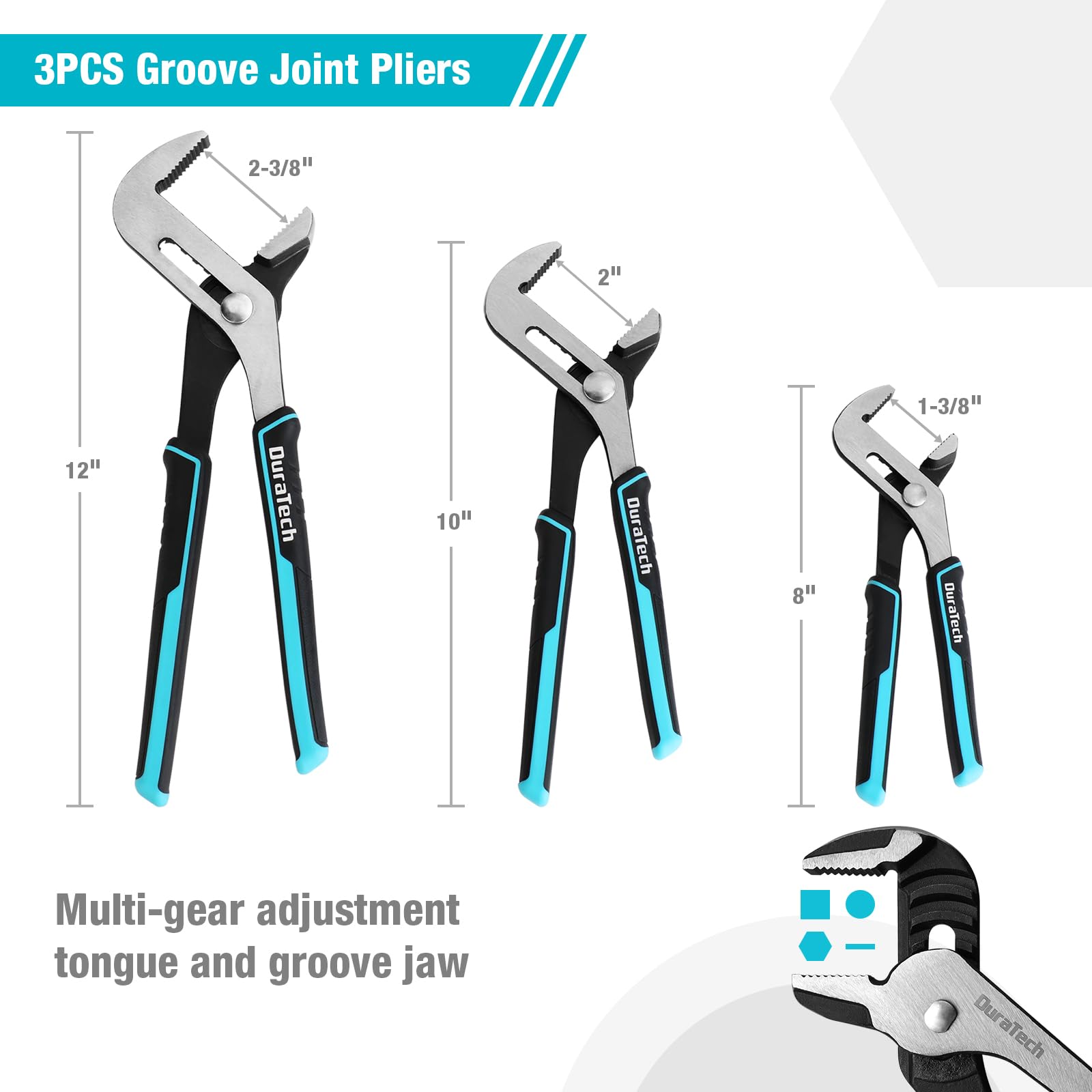 DURATECH 8-Piece Pliers Set with Rolling Pouch, Premium Cr-V/Cr-Ni Construction, (12", 10", 8" Groove Joint Pliers, 8" Adjustable Wrench, 8" Linesman, 6" Long Needle Nose, 6" Slip Joint, 6" Diagonal)