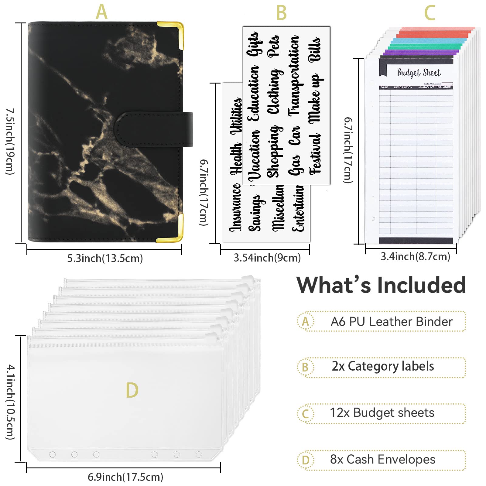Budget Binder with Zipper Envelopes & Expense Budget Sheets,Marble 6-Ring Money Organizer for Cash,Money Binder with Cash Envelopes for Budgeting and Saving Money