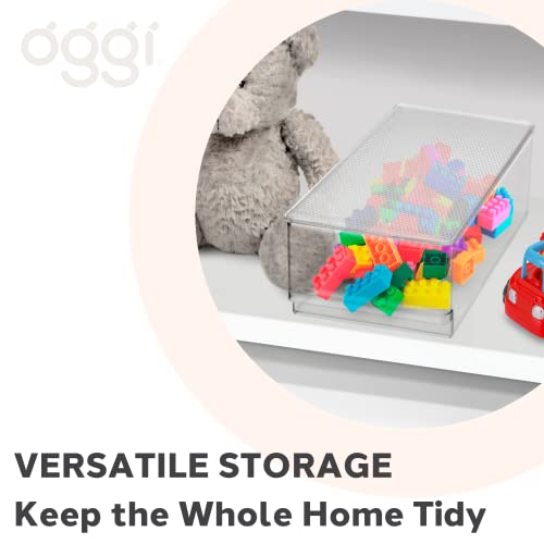 Oggi Clear Stackable Storage Bin with Lid - Ideal for Kitchen, Pantry, Cabinet, Bathroom, Bedroom, Kids, Refrigerator, Freezer. With Handles - Organize Jars, Packets, Snacks, Pasta - 12x4x4