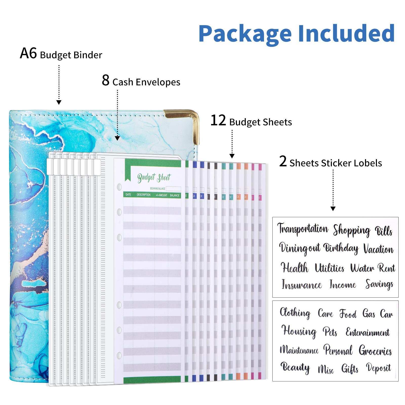 Budget Binder, A6 Marble PU Leather Binder, Money Saving Organizer/ Planner with 8 Zipper Cash Envelopes, 12 Expense Budget Sheets & 2 Letter Label Sticker for Budgeting