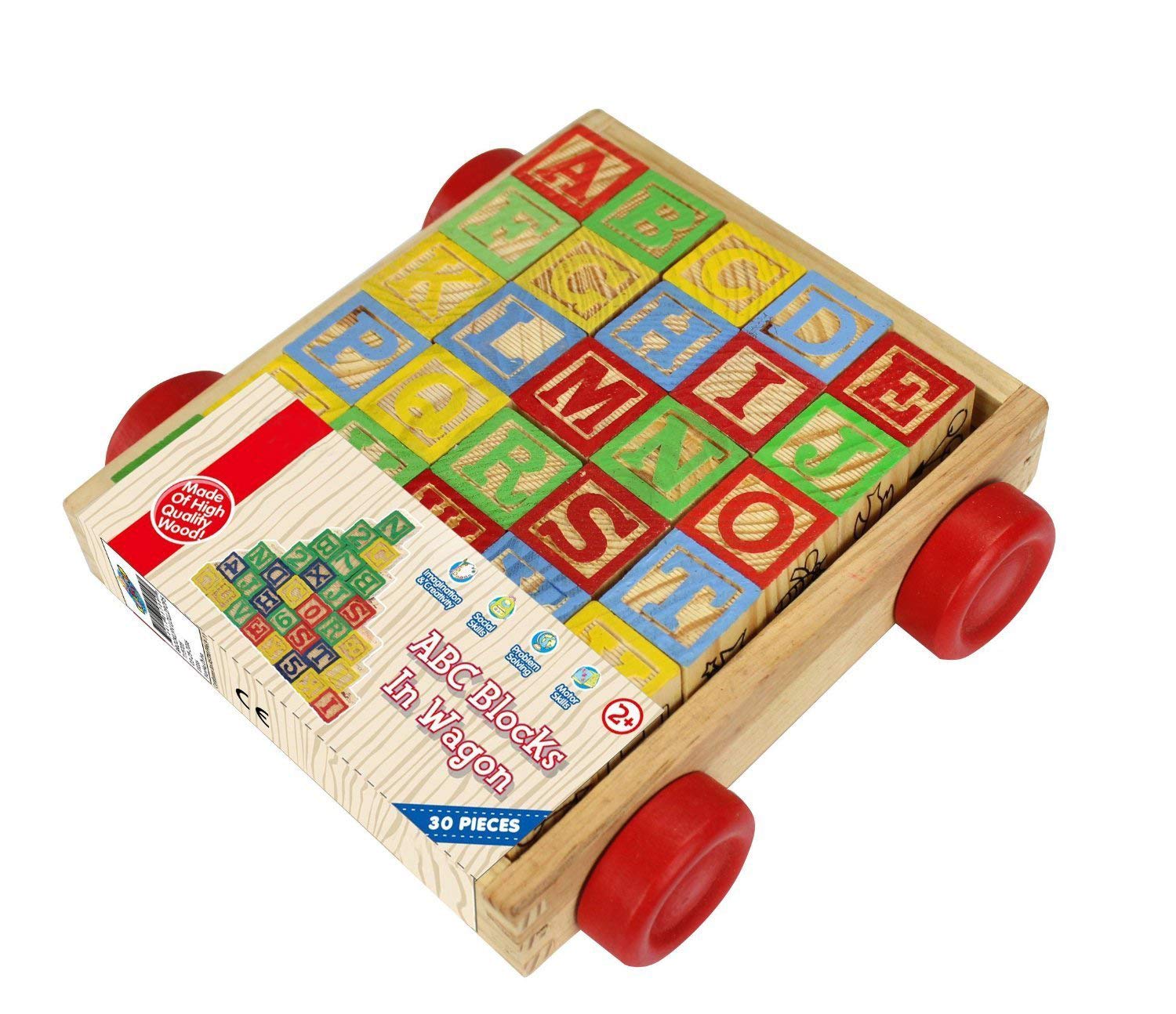 Number 1 In Service Wooden Alphabet Blocks, Best Wagon ABC Wooden Block Letters Come in a Pull Wagon for Easy Storage and Movement, Most Entertaining Wooden Toy for Toddlers, 30 Pieces Set.
