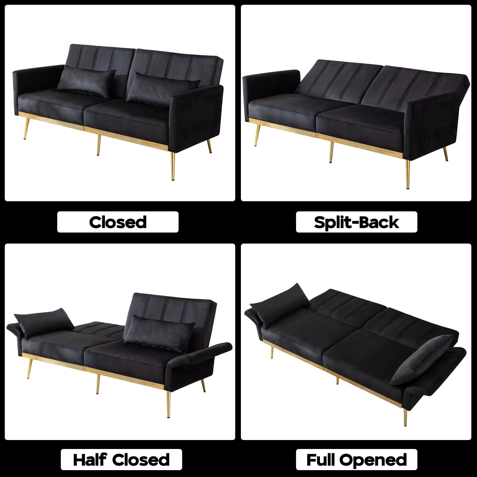 DANNRATCH 2 Pieces Velvet Sofa Set Convertible Sleeper Sofa Tufted Couch Bed with Adjustable Armrests and Backrest, Modern Loveseat Sleeper Bed with 2 Bolster Pillows for Living Room, Bedroom, Black
