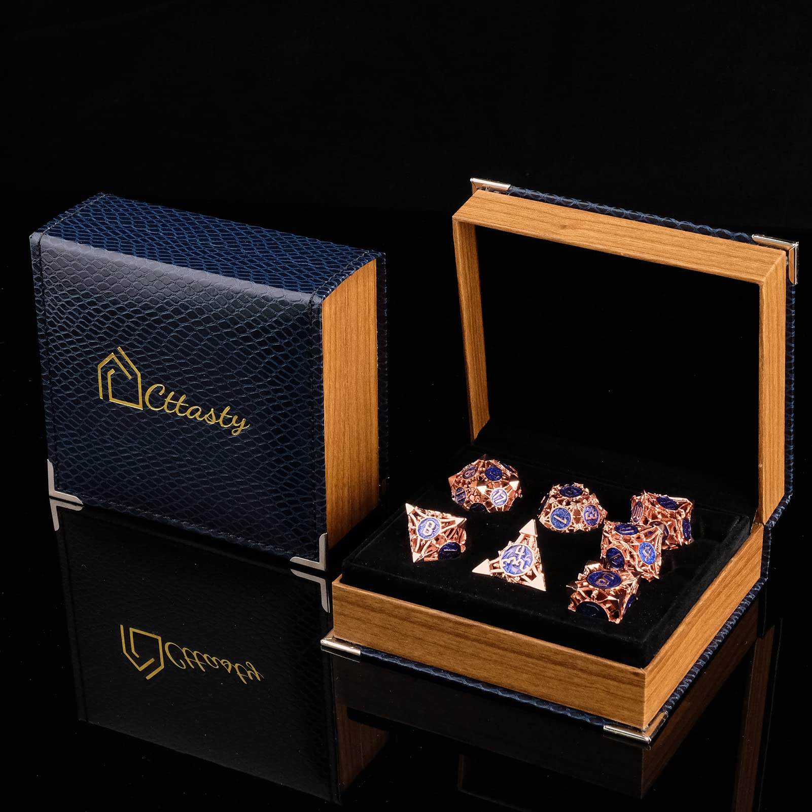 Cttasty DND Dice Set Hollow Metal Dice Set Handmade 7pcs Polyhedral Dice Set DND RPG MTG Role Playing Game Dice Set D&D Dice with Gift Case for DND Dungeons and Dragon (Bronze)