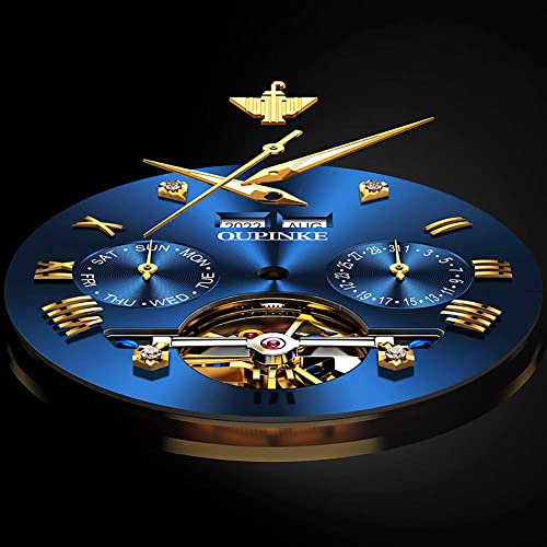 OUPINKE Automatic Mens Watches Blue Skeleton Mechanical Self Winding Tourbillon Luxury Business Dress Wristwatch