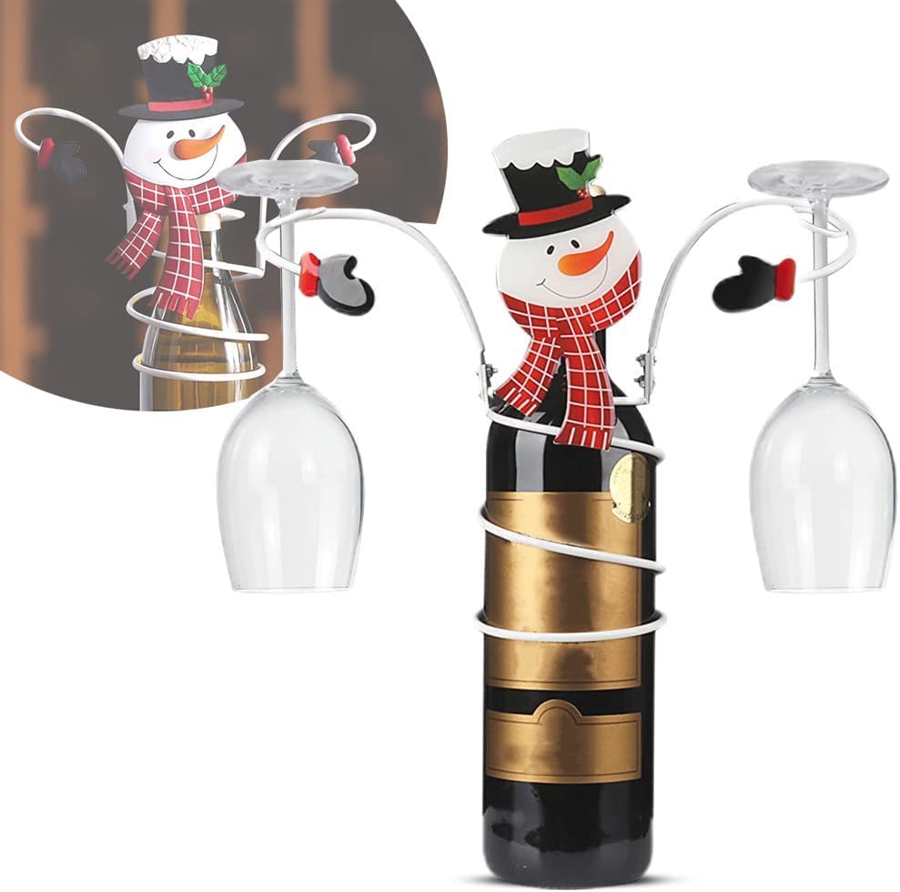 Darzheoy Christmas Holiday Wine Bottle Glass Holders, Snowman Santa Claus Gnome Organizer Rack, Christmas Home Decor Kitchen Storage Bar, Wine Cellar, Cabinet, Pantry,Rack Bar (Snowman)