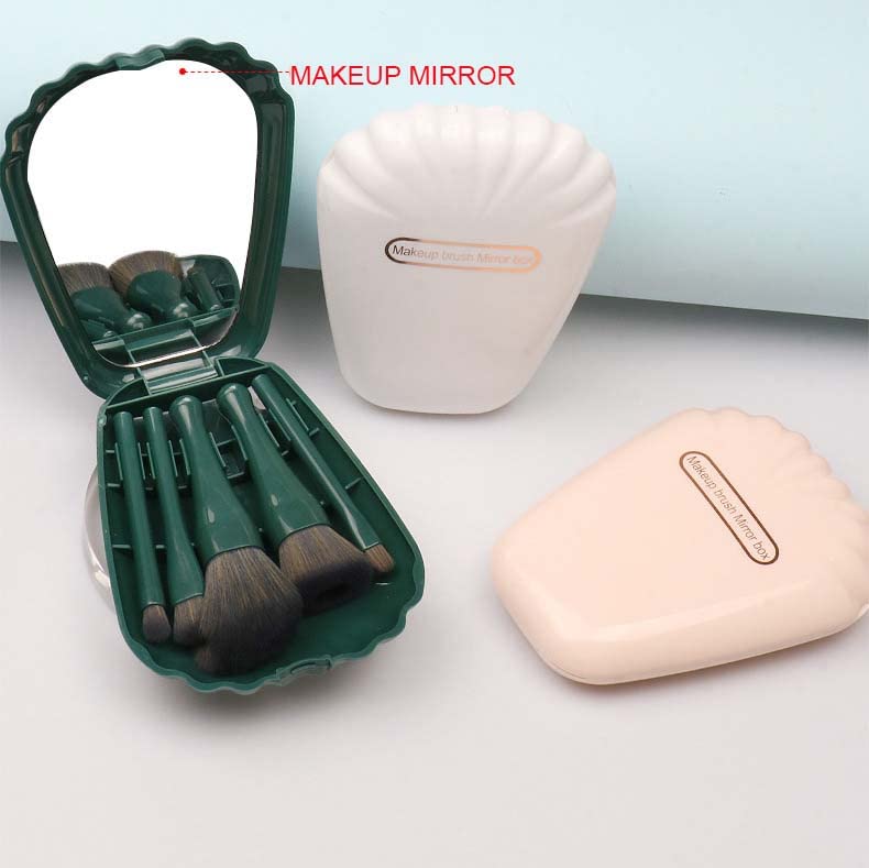 COSHINE Shell Portable Travel Makeup Brush Set, 5pcs Mini Complete Function Cosmetic Brushes with Mirror Set (Beidge)