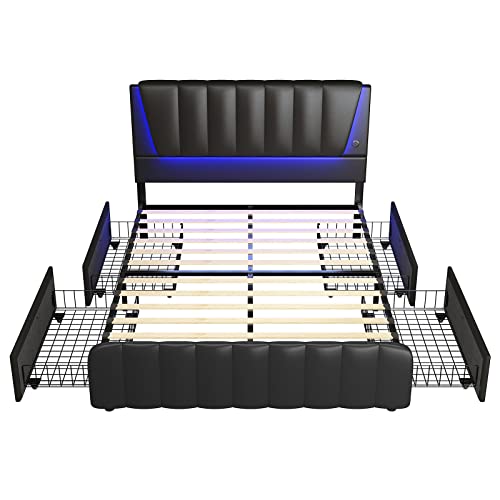 FORABAMB Full Size Bed Frame with LED Lights and USB Ports, Upholstered Platform Bed Frame with Adjustable Headboard and 4 Storage Drawers, No Box Spring Needed,Noise Free, Black