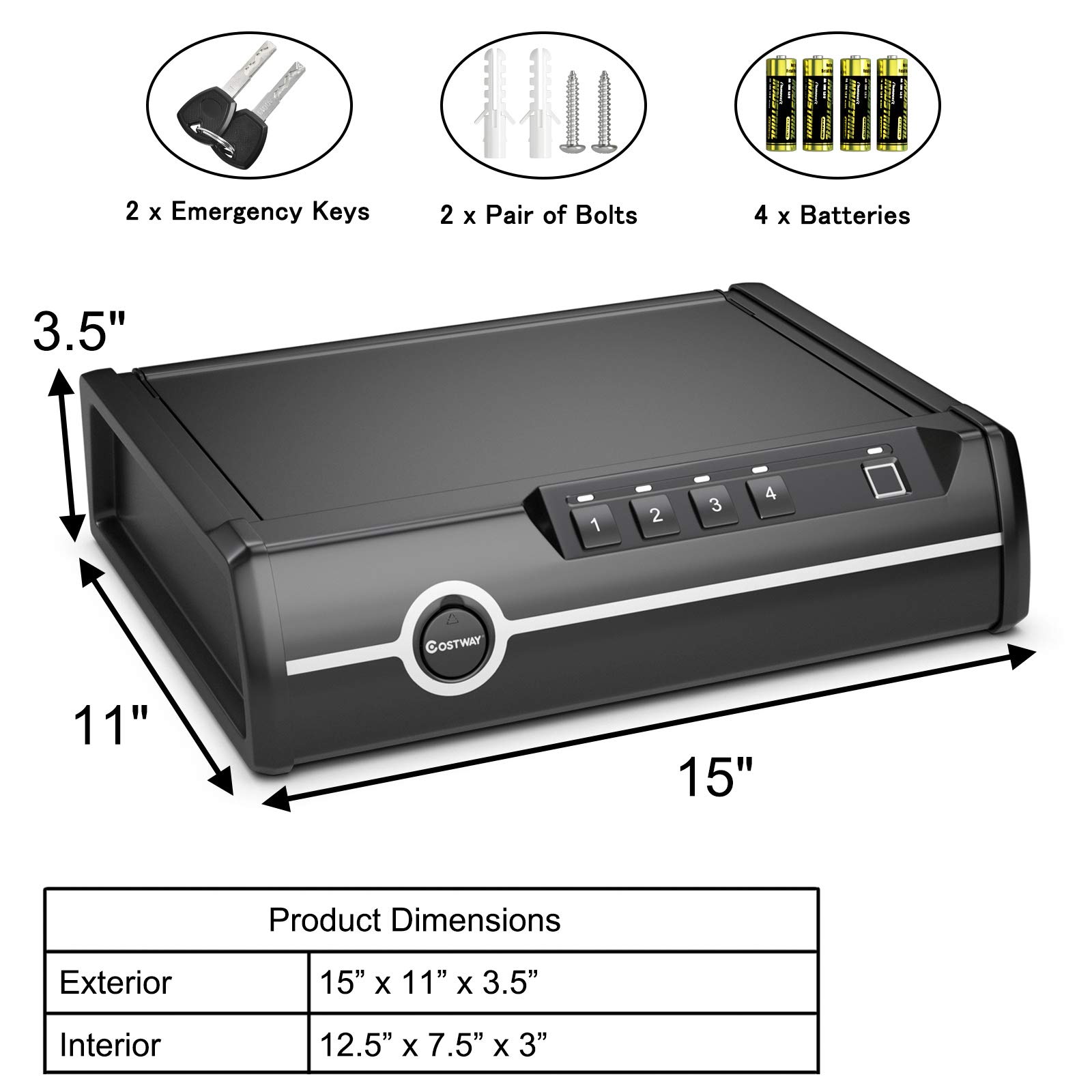 COSTWAY Gun Safe, Quick Access with Biometric Fingerprint Identification & Password & Backup Keys, Heavy-Duty Steel, Pick-Proof Gun safe for 2 Pistols for Home, Auto Open Lid, DOJ Approved