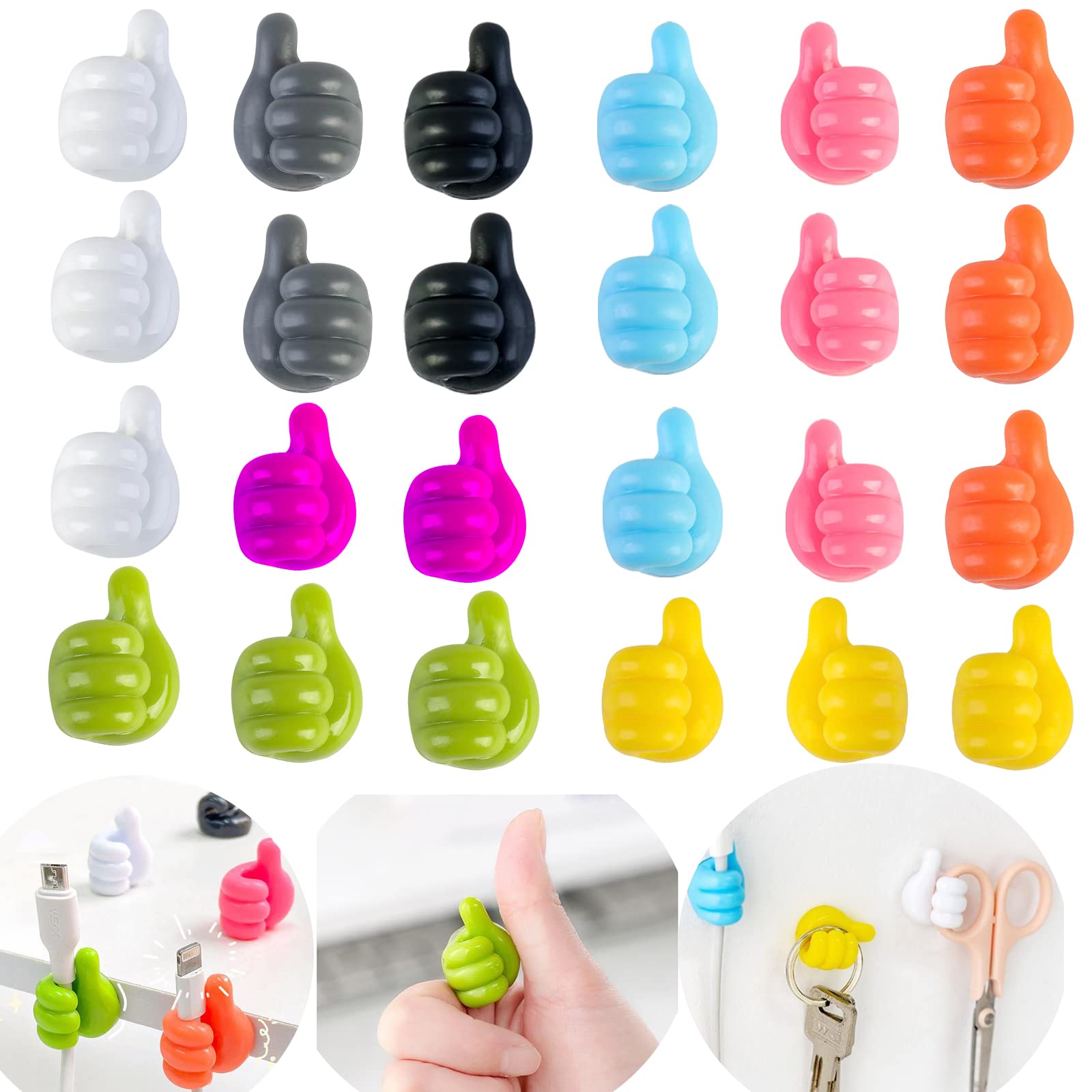 feliposi 24pcs Thumb Hooks - Thumbs up Wall Hook Self Adhesive Silicone Thumb Wall Hooks Adhesive Cable Clip for Storage Cable,Headphone,Plug