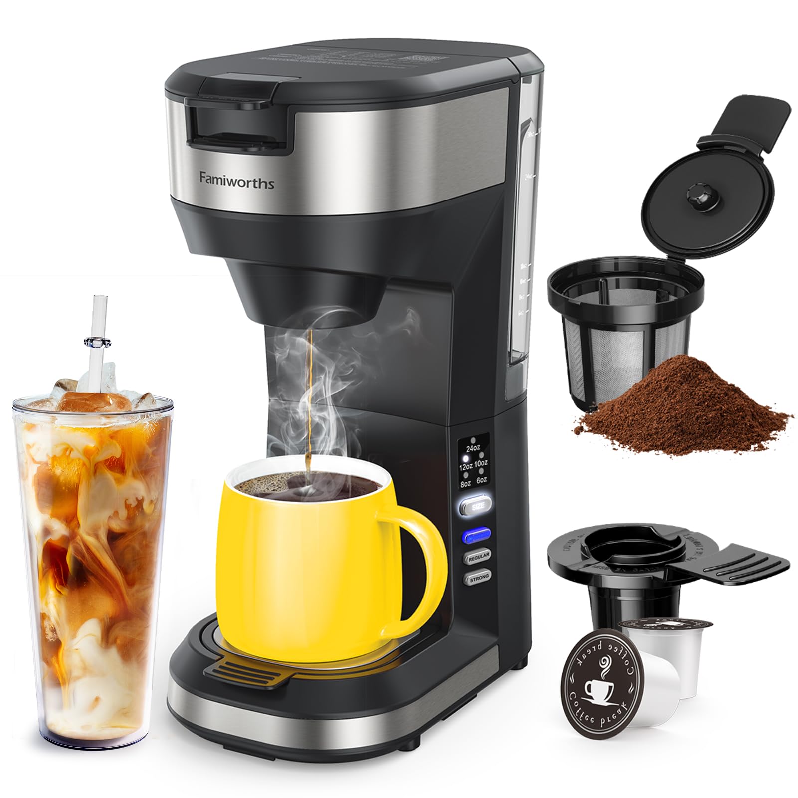 Famiworths Upgraded Hot and Iced Coffee Maker for K Cups and Ground Coffee, 4-5 Cups Coffee Maker and Single-serve Brewers, with 30 Oz Removable Water Reservoir, 6 to 24 Oz Cup Size, Classic Black