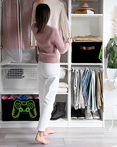 Gaming Cube Storage Organizer Bins with Handles,1PC 15x11x9.5 Inch Collapsible Canvas Cloth Fabric Storage Basket,Green Kids Game Video Games Gamepad Controller Black Kids' Toys Bin Boxes for Shelves