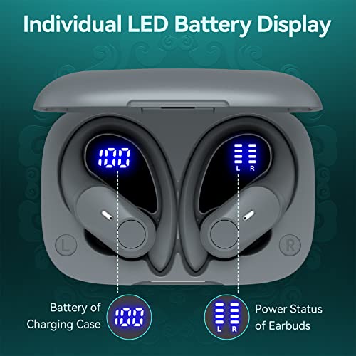 GOLREX Ear Buds Bluetooth Headphones Wireless Earbuds 36Hrs Playback Wireless Charging Case Digital Display Over-Ear Earphones with Earhook Waterproof Headset with Mic for Sport Running Workout Grey