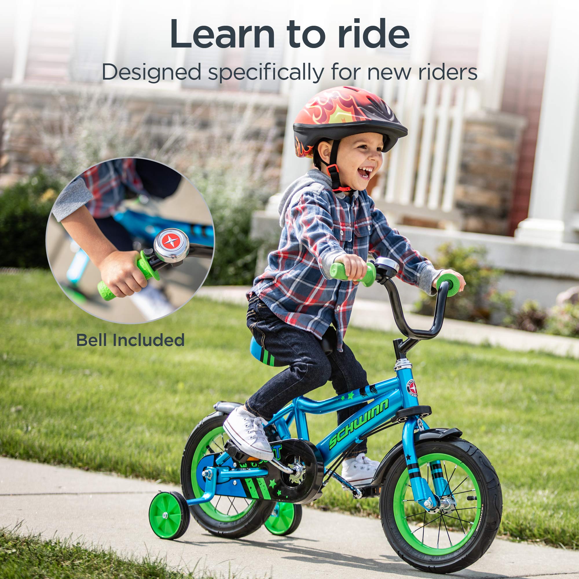 Schwinn Grit Push Steer and Ride Kids Bike, Boys Beginner Bicycle, 12-Inch Wheels, with Training Wheels, Parent Push Handle, Water Bottle and Holder, Blue