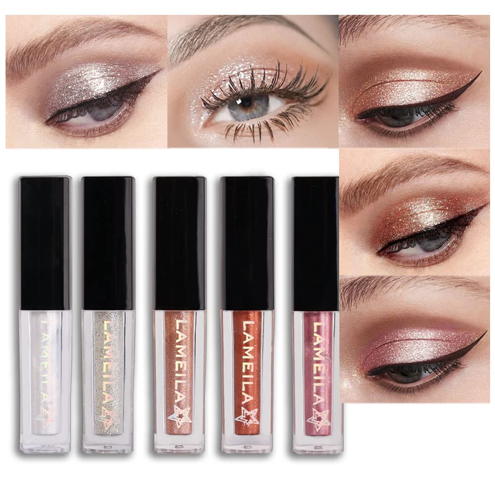 BINGBRUSH 5 pcs Liquid Glitter Eyeshadow Set, Metallic Glitter Shimmer Naked Eye Looks Waterproof Long Lasting Quick-Drying Sparkling Eye Shadow Makeup Kits