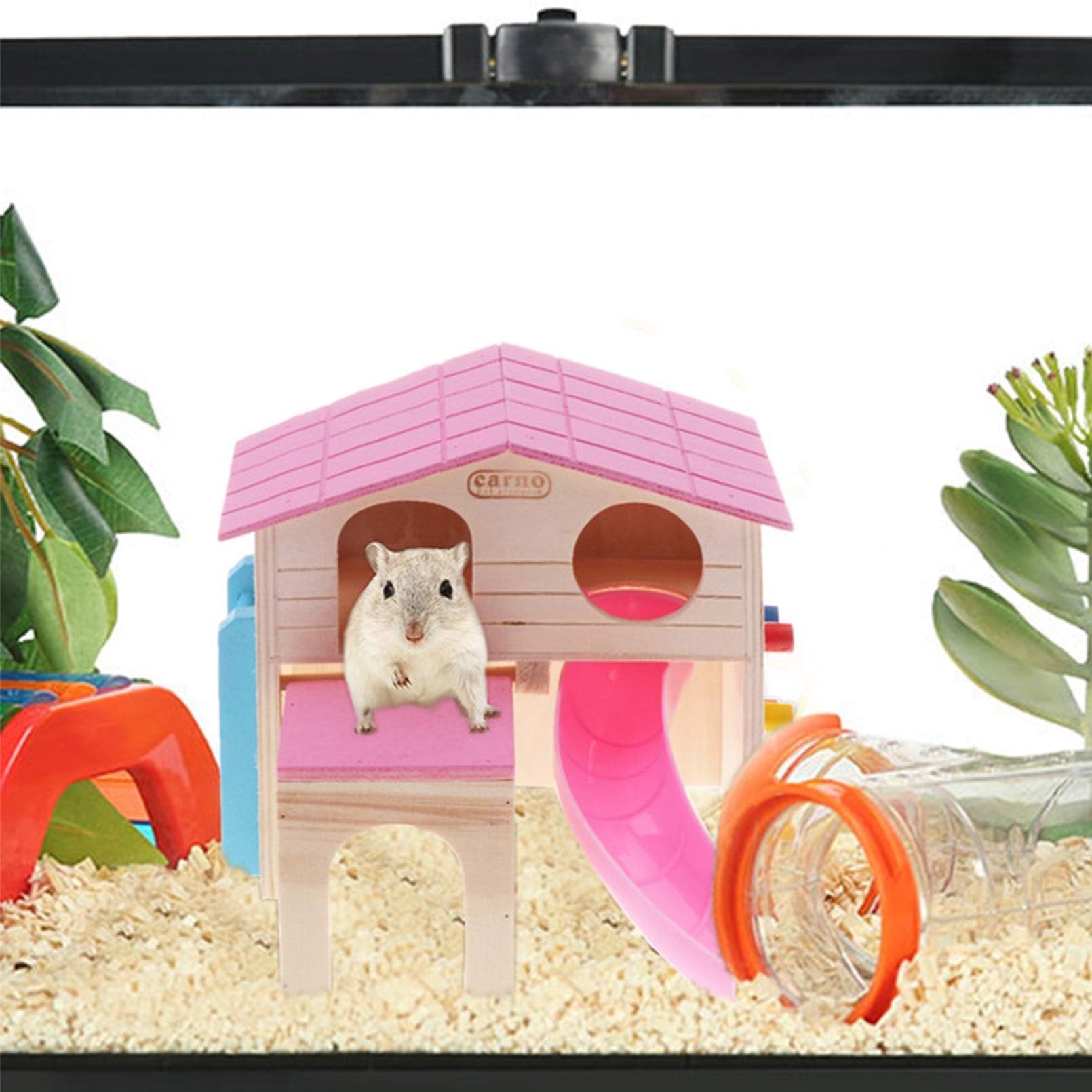 kathson Pet Small Animal Hideout Hamster House with Funny Climbing Ladder Slide Wooden Hut Play Toys Chews for Small Animals Like Dwarf Hamster and Mouse(Pink)