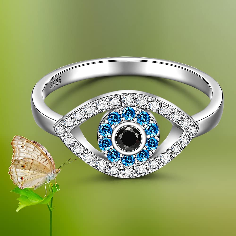 Blue Evil Eye Ring Sterling Silver Spiritual Turkish Third Eye Rings for Women Mal De Ojo Greek Protection Nazar Amulet Sapphire Jewelry Gift Size 8