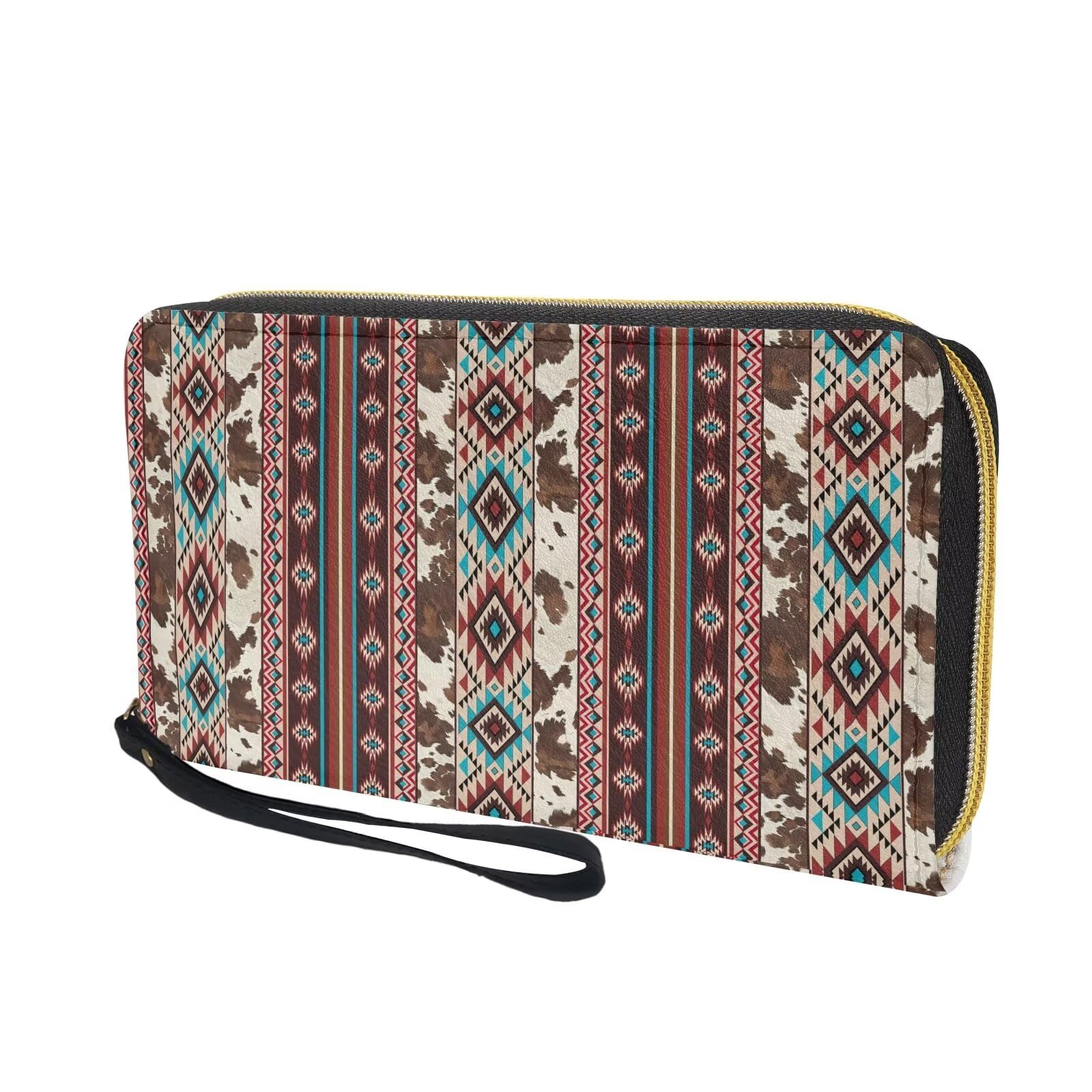 Wanyint Women Wallet with Wristlet Strap Aztec Native American Navajo Southwest Indian Tribal Stripe Print RFID Blocking Handbag Purse Leather Clutch Bag for Lady