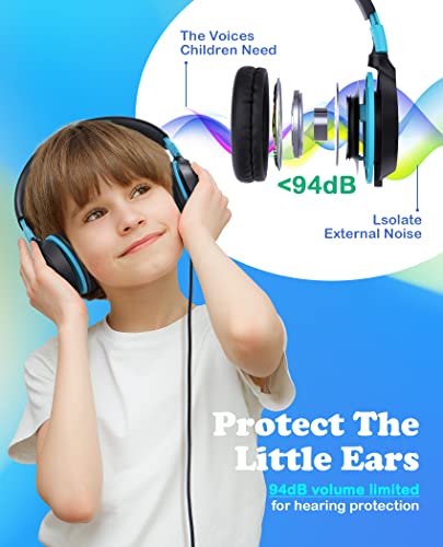 DyBaxa Kids Headphones Wired, Foldable On Ear Headset, Volume Limiter 94dB, Over-Ear Headphones for School Online Classes Travel Children, 3.5mm Jack Compatible Smartphones, Black Blue