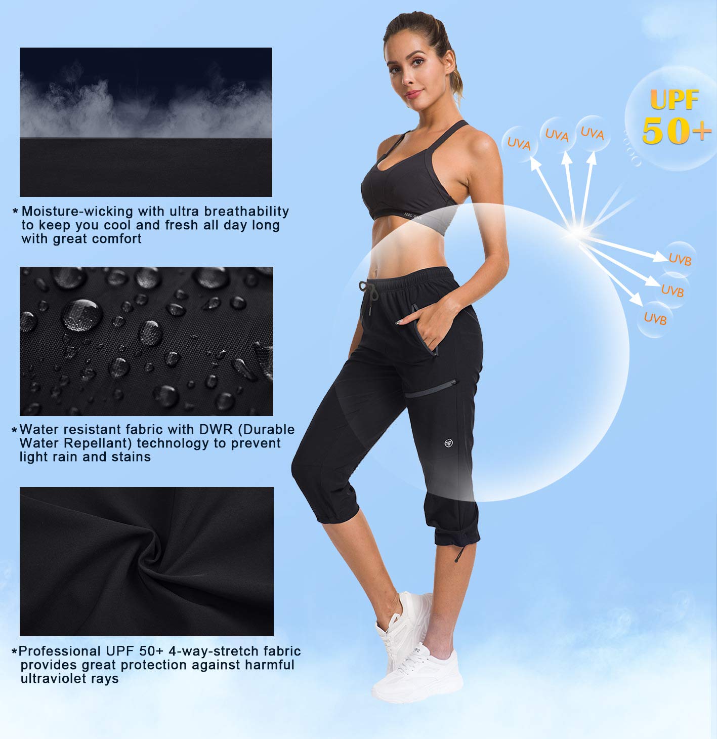 ChinFun Women's Hiking Capris Pants Outdoor Quick Dry Cargo Cropped Pants Water Resistant UPF 50+ Black XL