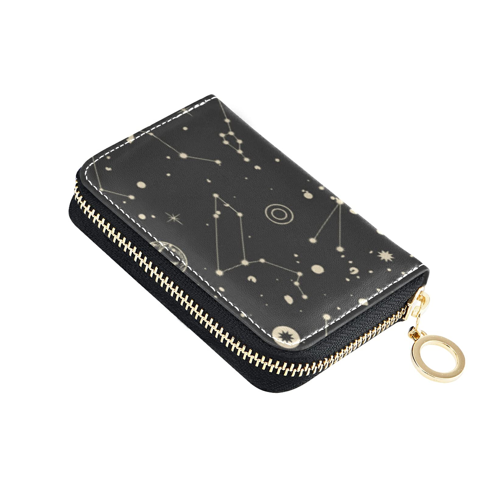 Zodiac Signs Moon Moonlight in Vintage Style on Dark Credit Card Coin wallet, Key Change Organizer Zipper Purse Compact Clutch Pouch Pocket, RFID Blocking Women Leather Card Holder