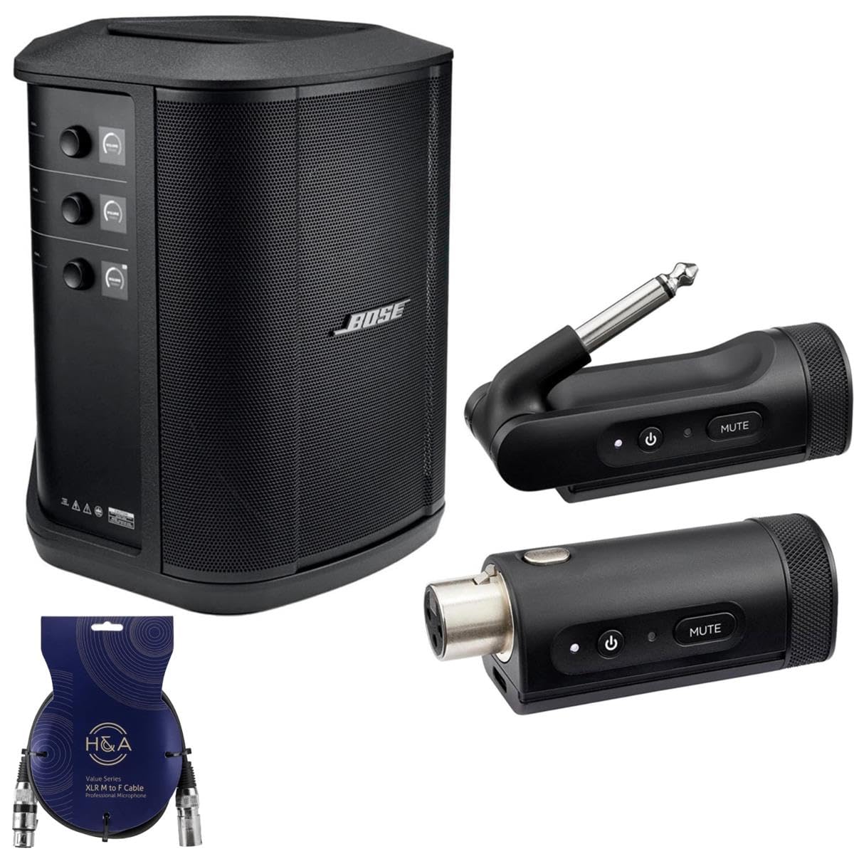 Bose S1 Pro+ Portable Wireless PA System with Bluetooth, Black Bundle with 1/4" Wireless Instrument Transmitter, XLR Wireless Mic/Line Transmitter & H&A XLR Cable