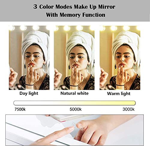 Filytop 22.8"x 18.1" Makeup Mirror with Lights,10X Large Hollywood Lighted Vanity Mirror with 15 Dimmable LED Bulbs,3 Color Modes,Touch Control,Tabletop or Wall-Mounted, White