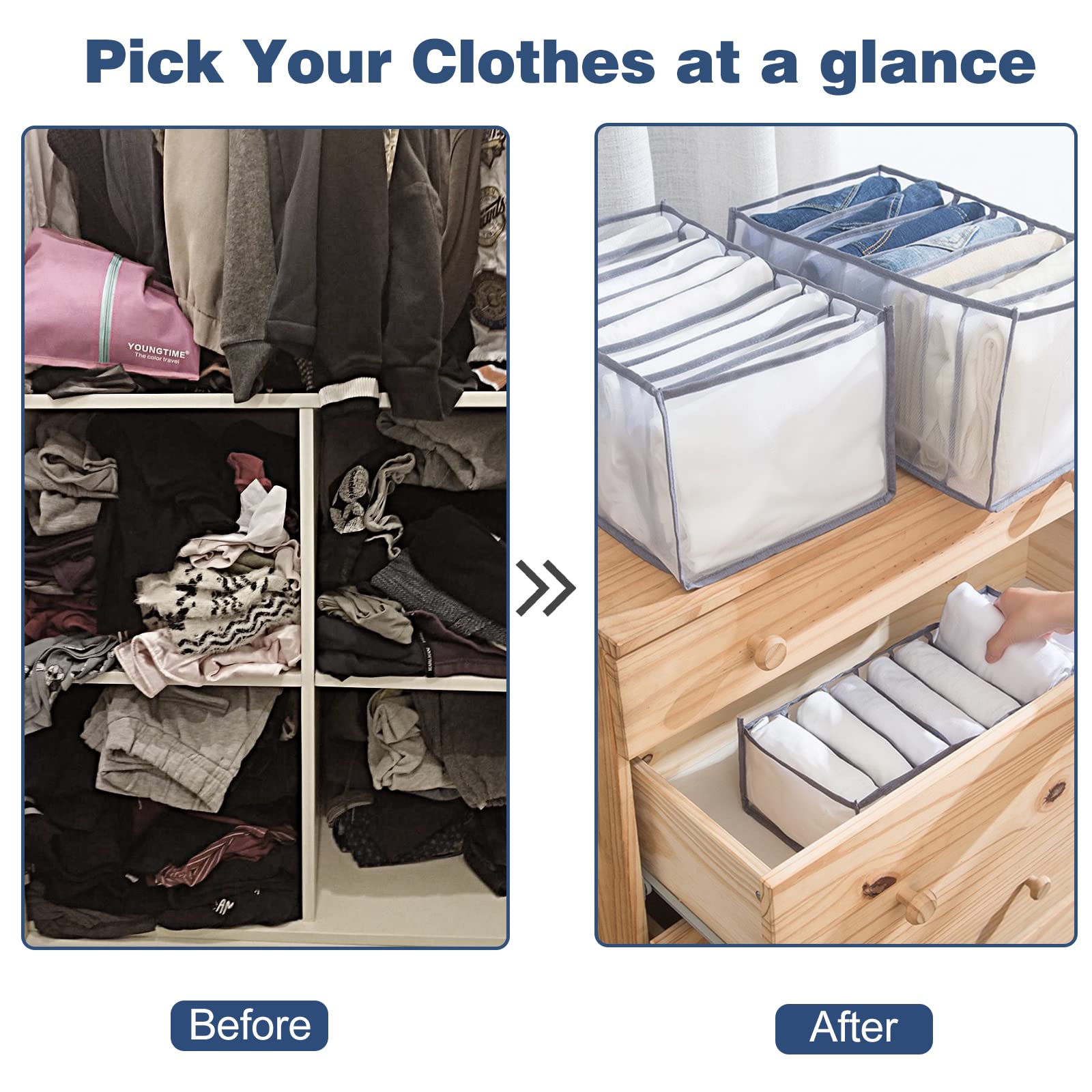 Wardrobe Clothes Organizer, Drawer Organizers for Clothing Jeans Leggings Pants Tshirts Closet Organizers Storage 7 Grid Clothes Storage Organization Stackable Washable Mesh (2pcs Jean/Legging Grey)