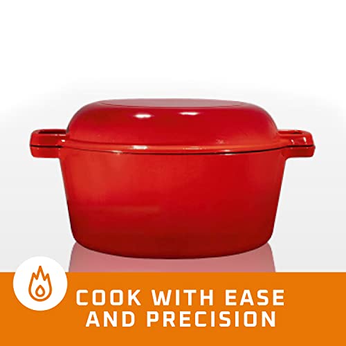 Bruntmor 2-in-1, 5 Quart Enamel Cast Iron Dutch Ovens With Handles, 5 Qt Red Cast Iron Skillet, Enameled All-in-One Cookware Braising Pan For Casserole Dish, Crock Pot Covered With Cast Iron